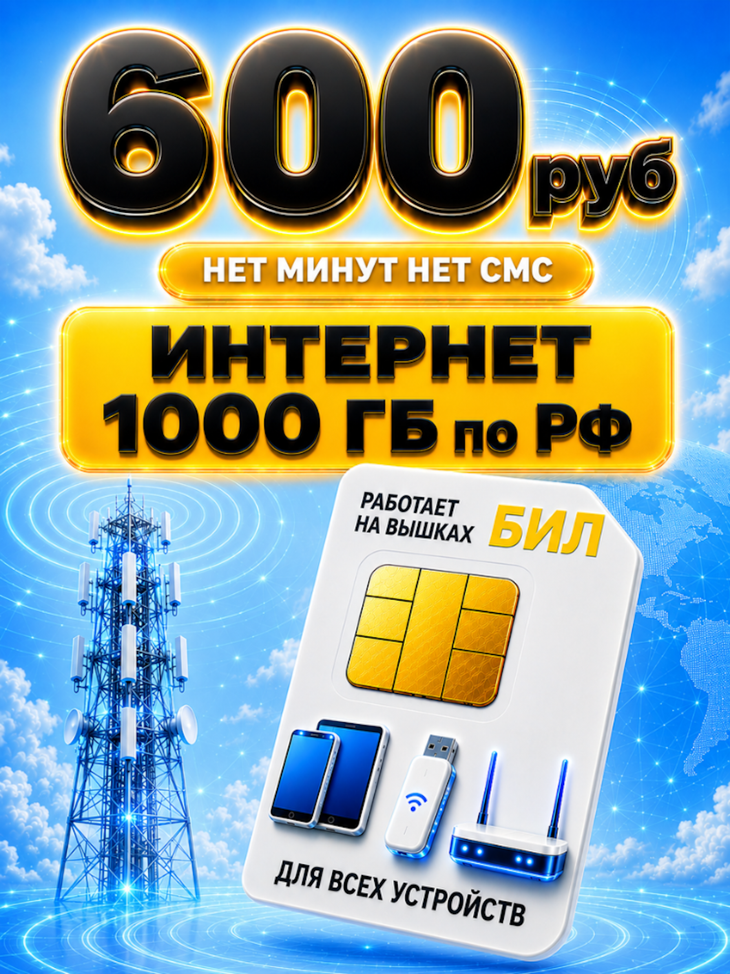 Сим карты с Безлимитным интернетом - тариф 600 руб в мес 1000 ГБ по РФ для любых устройств роутер модем YV2BL