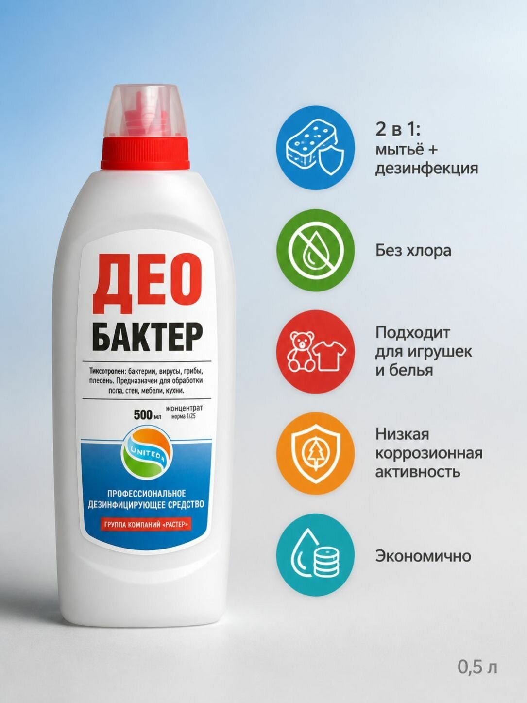 1 шт. Дезинфицирующее средство без хлора с моющим эффектом "Део-бактер" (Санитека), 500 мл