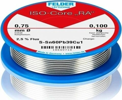 Припой FELDER 18640710 олово-свинец-медь с флюсом ROM1, катушка 100гр