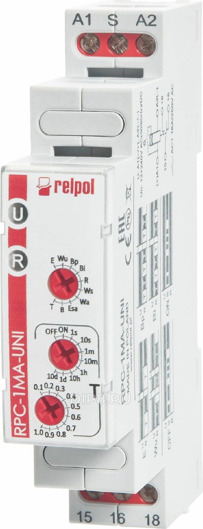 RELPOL RPC-1MA-UNI Реле времени, 1с-10 дней, SPDT, 250ВAC/16А, 24ВDC/16А, DIN, PIN: 6, 1шт