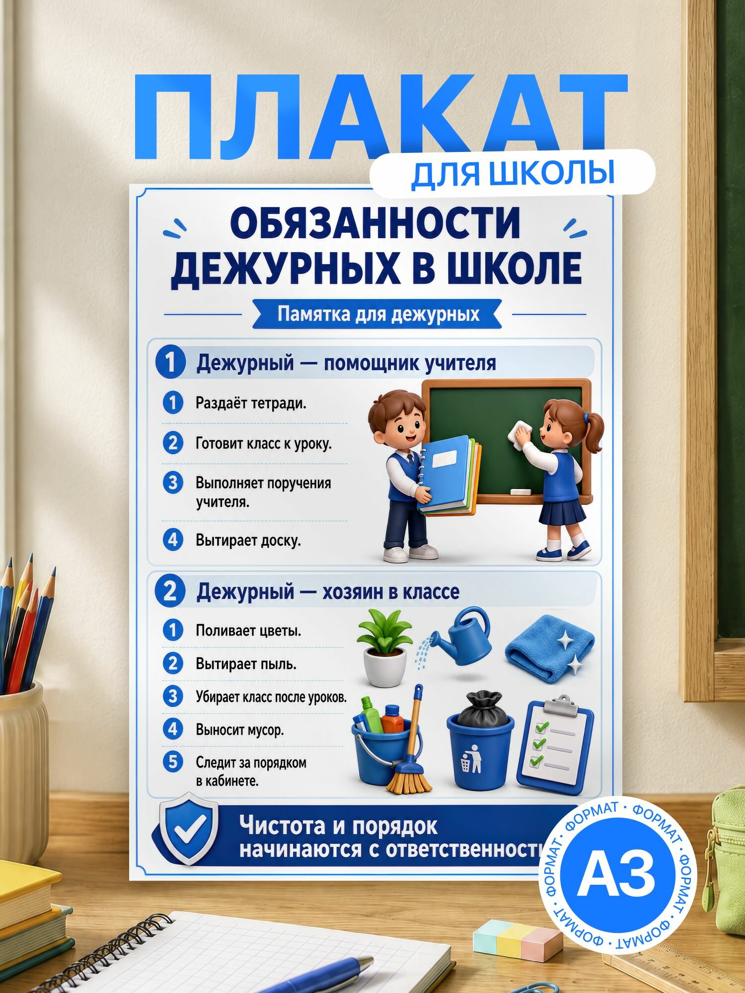 Плакат Обязанности дежурных для школы, в класс