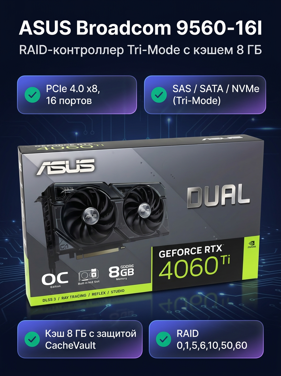 RAID-контроллер ASUS Broadcom 9560-16I, PCIe 4.0 x8, 16 портов SAS/SATA/NVMe, 8 ГБ кэш, Tri-Mode