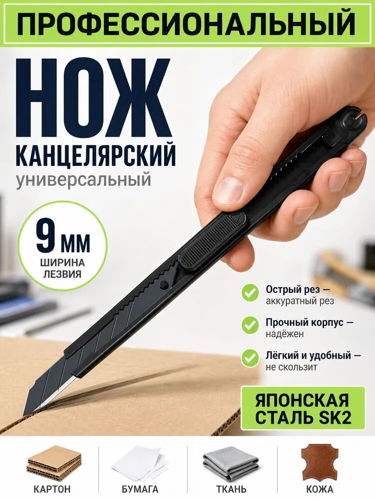 Канцелярский нож 0,9 см, нержавеющее лезвие, автофиксатор, металлическая направляющая, чёрный