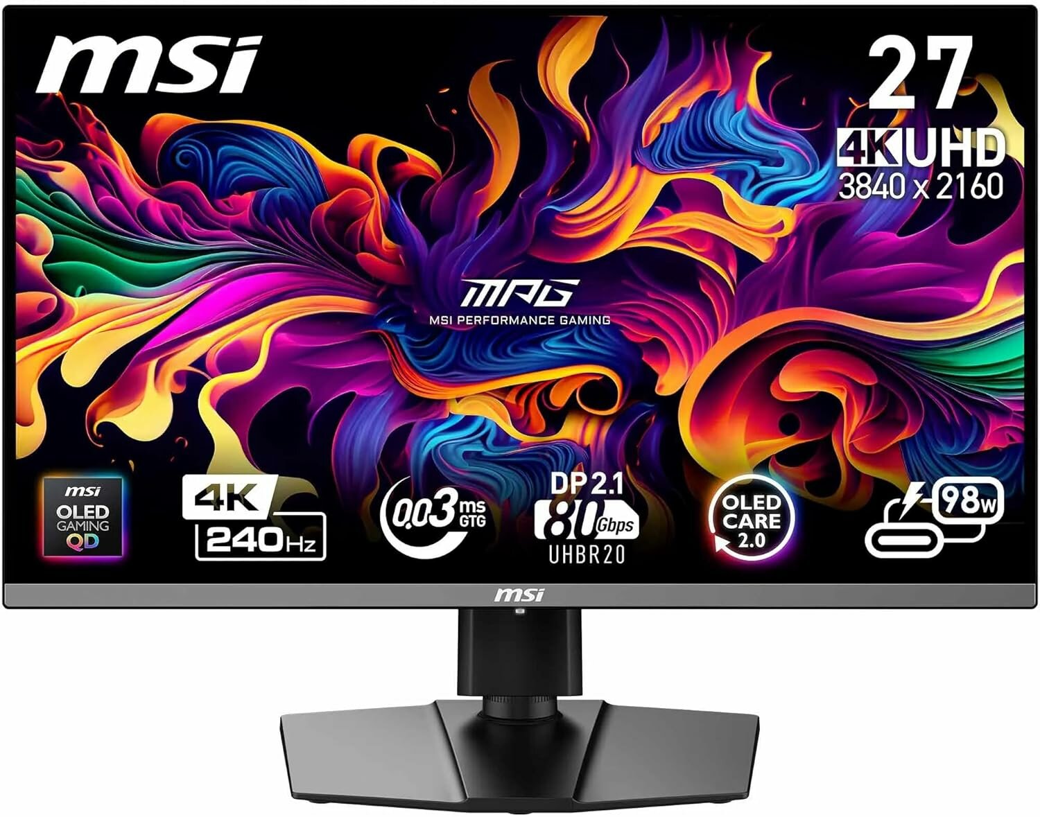 26.5" Монитор игровой MSI MPG 272URX QD-OLED, 3840 x 2160, 240 гц, 0,03 мс (GtG), порты USB, поворотный, черный