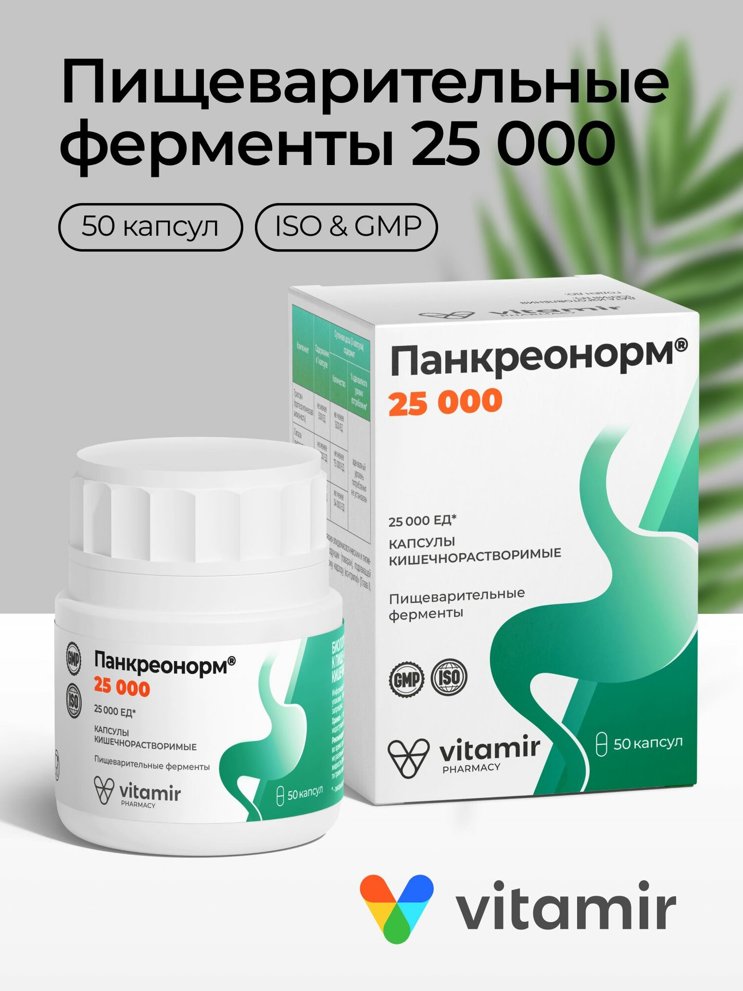 Панкреонорм 25 000 VITAMIR / Ферменты для пищеварения, энзимы / 50 капсул