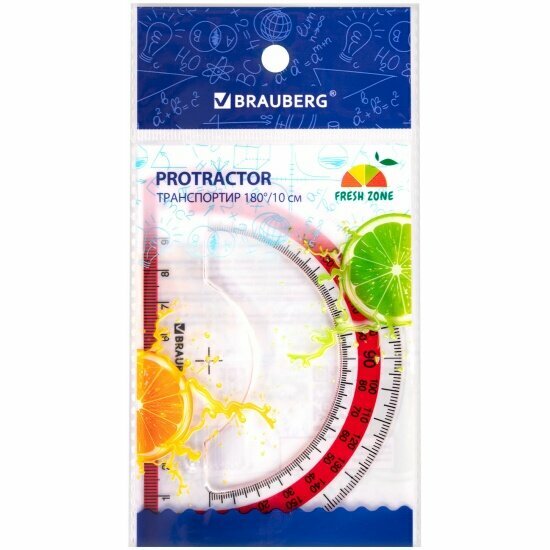Транспортир Brauberg 10 см "FRESH ZONE", 180 градусов, пластик, прозрачный, красная шкала, 210760