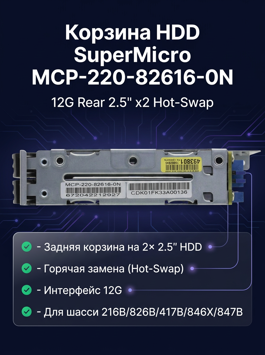 Корзина для жестких дисков Supermicro MCP-220-82616-0N, задняя, 2x2.5", горячая замена, 12G, для 216B/826B/417B/846X/847B