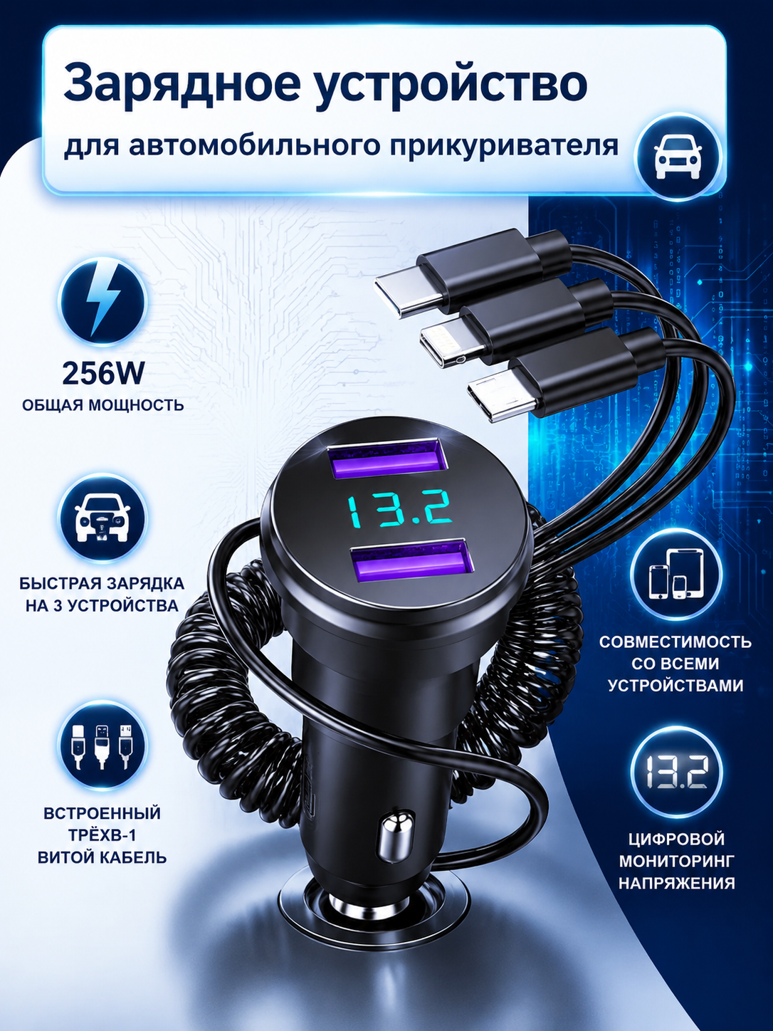 Автомобильное зарядное устройство Newmine 256 Вт, 3-в-1 быстрая зарядка с пружинным кабелем, дисплей напряжения, поддержка PD/SCP для iPhone, Huawei, Oppo