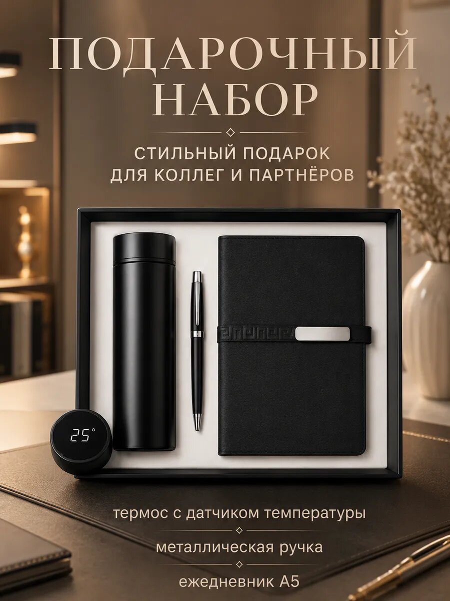 Подарочный набор с термосом, ручкой и блокнотом, чёрный