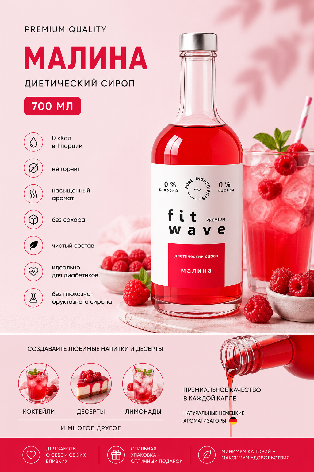 Сироп диетический без сахара низкокалорийный FitWave Малина 700 мл. для кофе