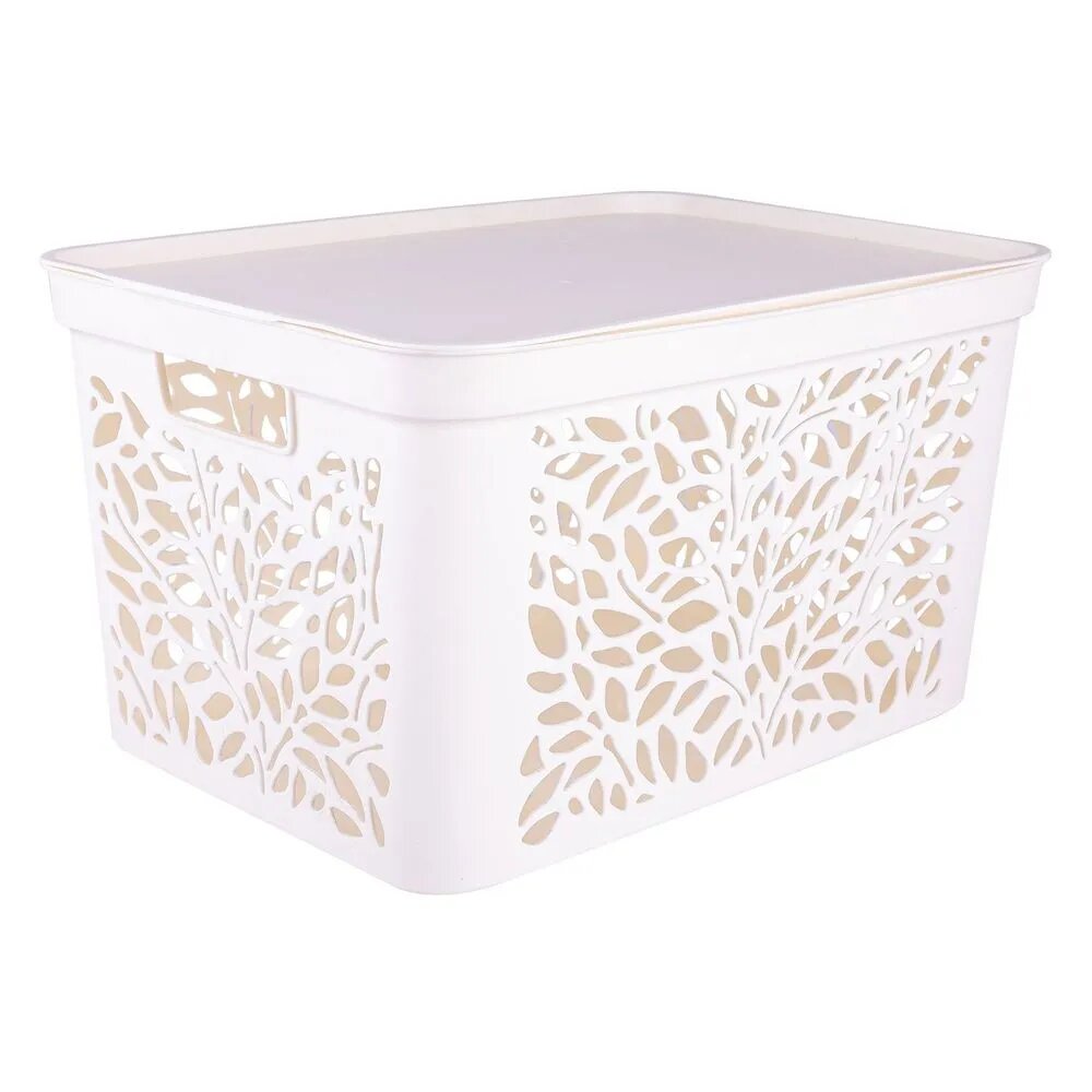 Корзина с крышкой "Leaves" 30л, 463х256мм, пластик, цвет молочный, для хранения вещей