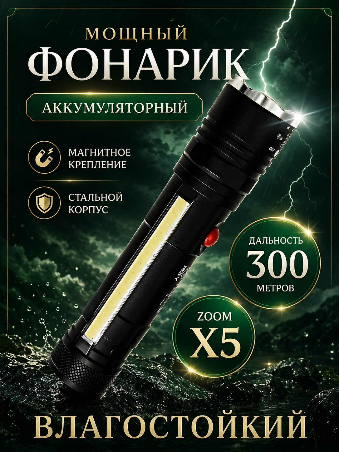 Фонарь светодиодный, Фонарик аккумуляторный ручной для рыбалки, Охоты, Туризма, Черный
