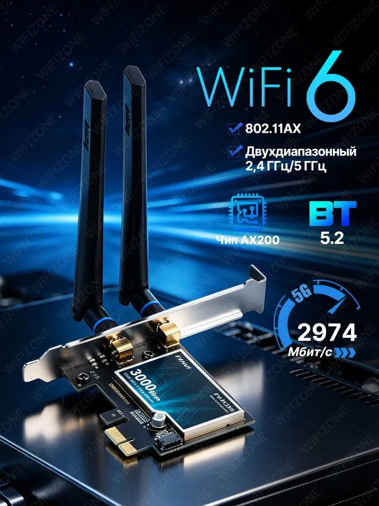 Сетевая карта PCE-AX200 WiFi 6 3000Mbps Bluetooth 5.2, беспроводной USB адаптер для ПК с поддержкой 2.4GHz/5GHz, низкая задержка для игр и стриминга, поддержка Windows 11/10