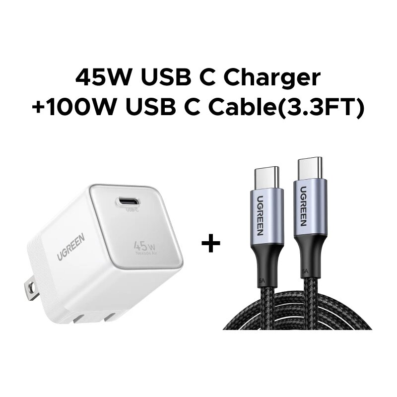 UGREEN 45W USB C зарядное + 100W кабель 3.3FT, US Plug
