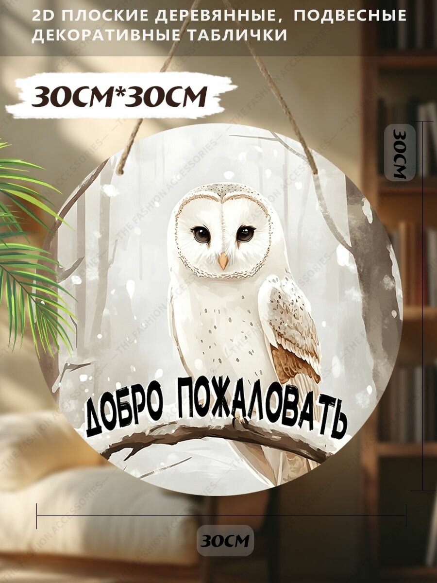 30cm*30cm, Декоративная подвесная табличка "Добро пожаловать" с белой совой, 2D деревянный декор