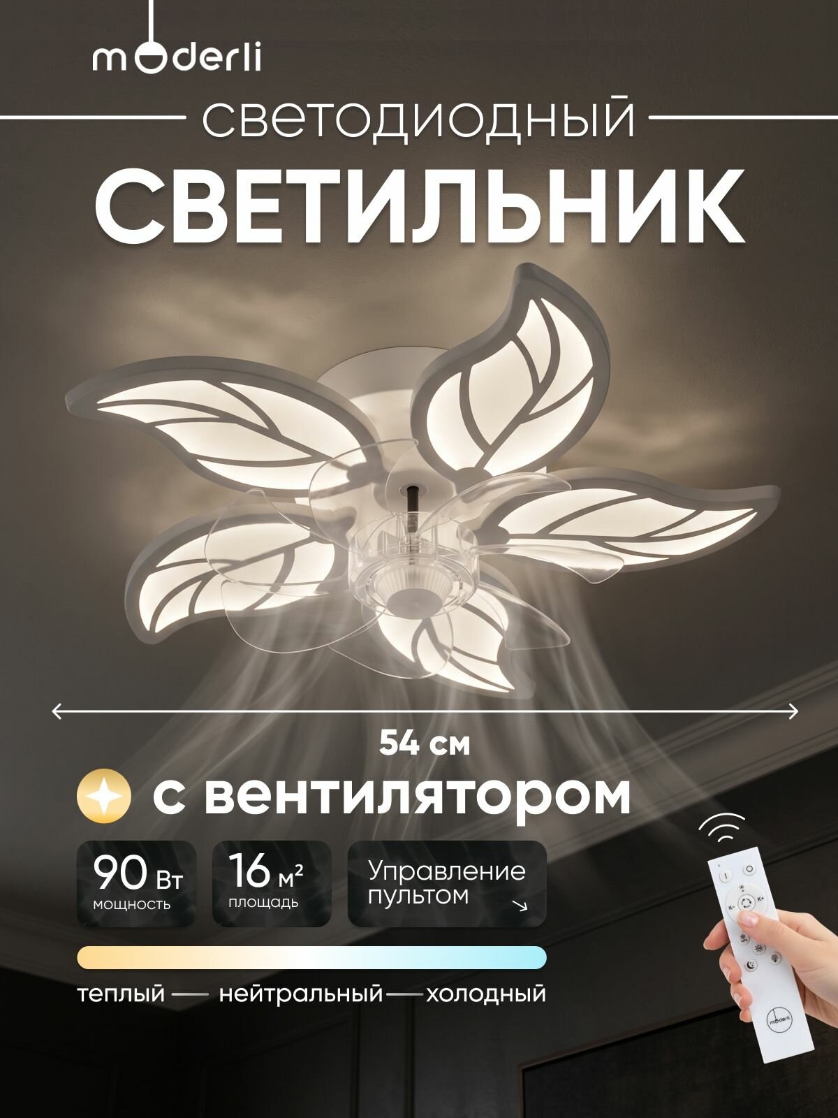 Светильник потолочный светодиодный с вентилятором Moderli V11369-CL Amy, белый