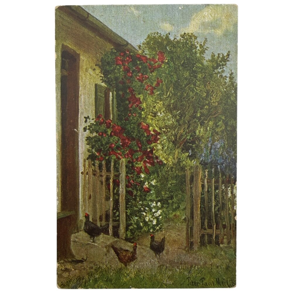 Почтовая открытка "Куры в цветущем палисаднике" 1900-1917 гг. Германская Империя