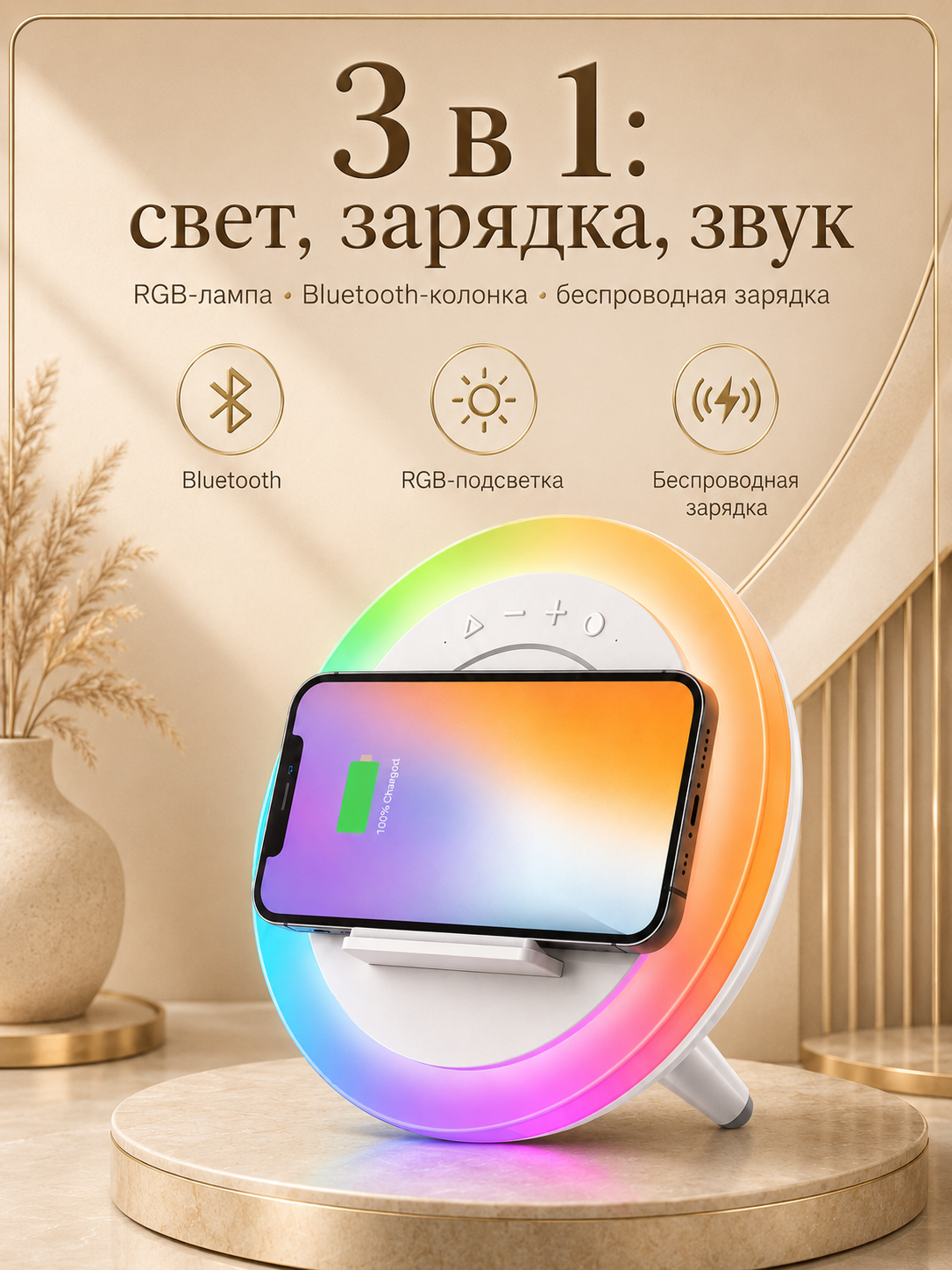Ночник-Колонка RGB, с Bluetooth, настольная установка, LED, встроенный динамик