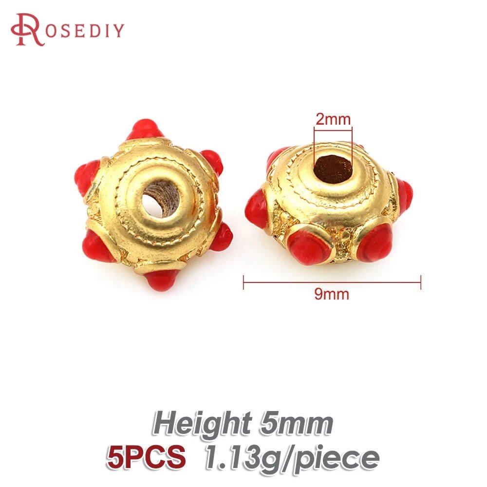 5 шт. Бусины Rosediy, золото, красный, 9x5 мм