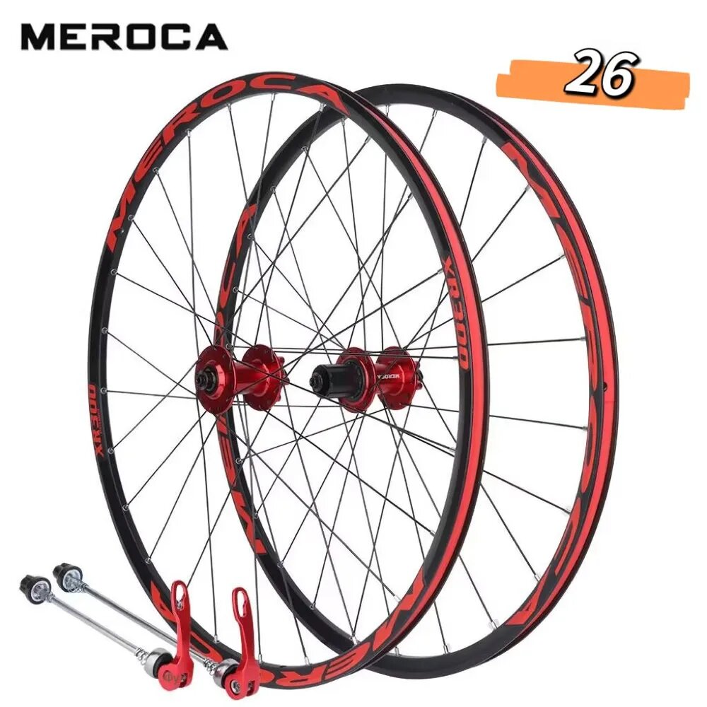 Колесная пара MEROCA ME-RC3 для горного велосипеда, 2 передних и 5 задних подшипников, 6 шпилек, 32 отверстия, база MS Freehub, сверхлегкий дисковый тормоз (красная красная этикетка, 26 дюймов)