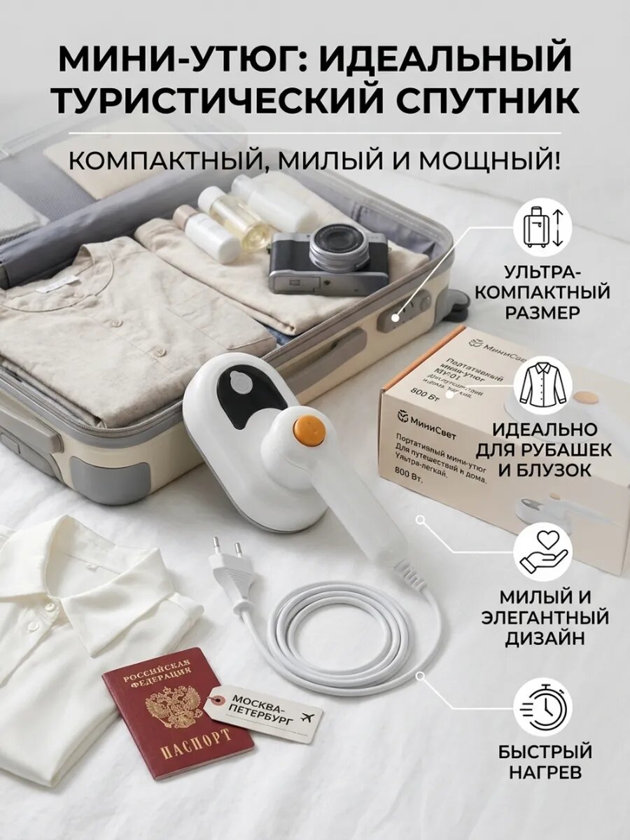Портативный утюг для летних путешествий, 1000 Вт.