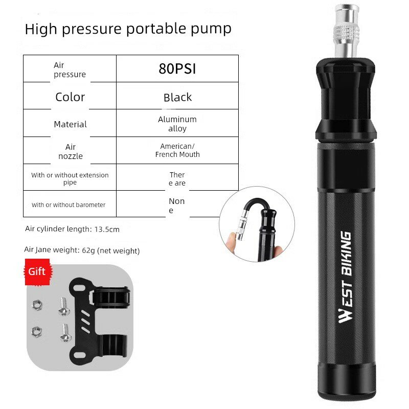 Мини-портативный велосипедный насос, черный цвет, давление 80PSI, встроенный шланг, универсальный для дорожных и горных