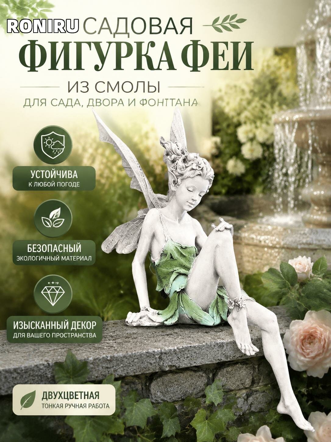 Садовая фигурка феи из смолы для украшения сада, двора и фонтана — двухцветная погодоустойчивая мини статуэтка