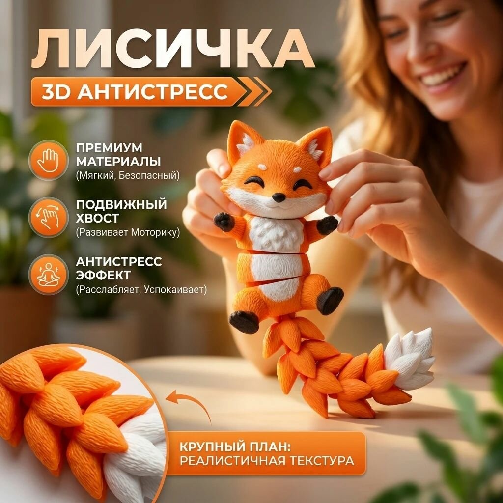 Лисичка 3Д с пушистым хвостом, игрушка-антистресс, оранжевая, подвижный
