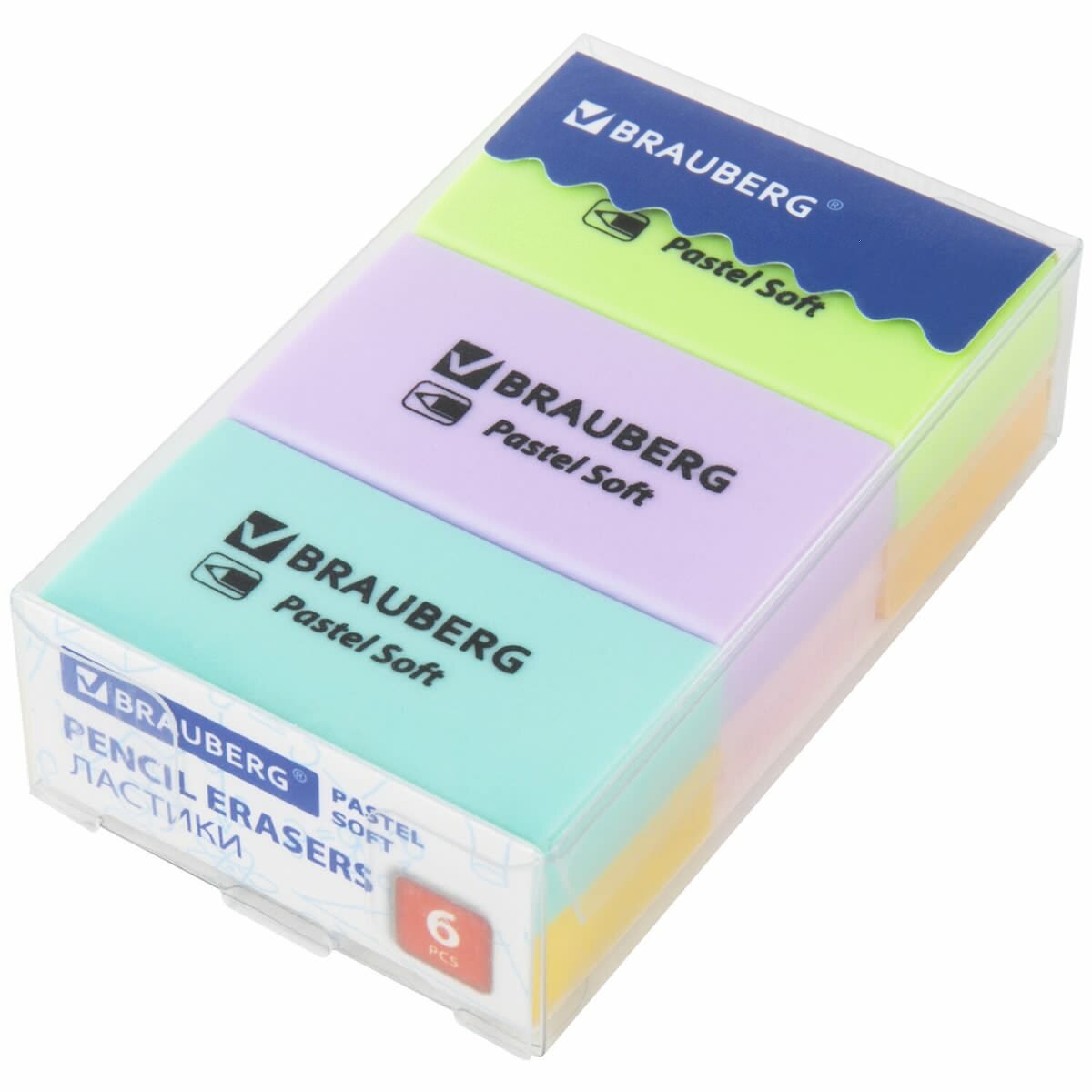 Набор ластиков Brauberg Pastel Soft, 45х25х10мм, эко-ПВХ, 6шт. (271340), 144 уп.