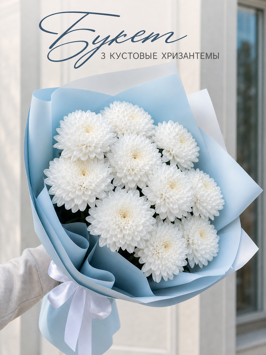 Букет 3 белые кустовые хризантемы в голубой упаковке, красивый букет из хризантем, живые цветы с доставкой