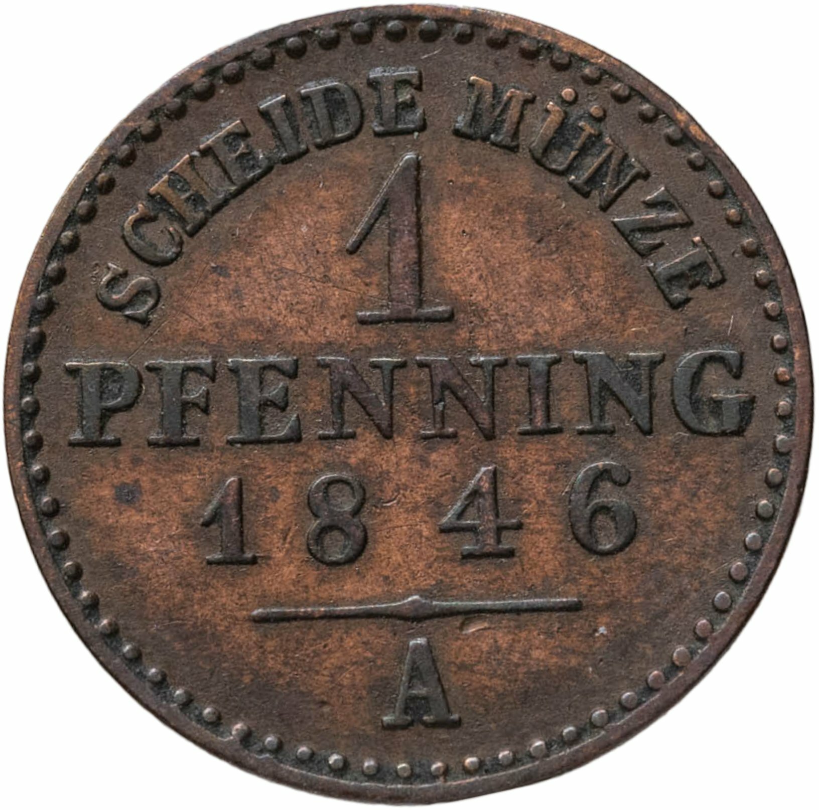 Германия, Пруссия 1 пфенниг 1846, Медь, в сохранности VF