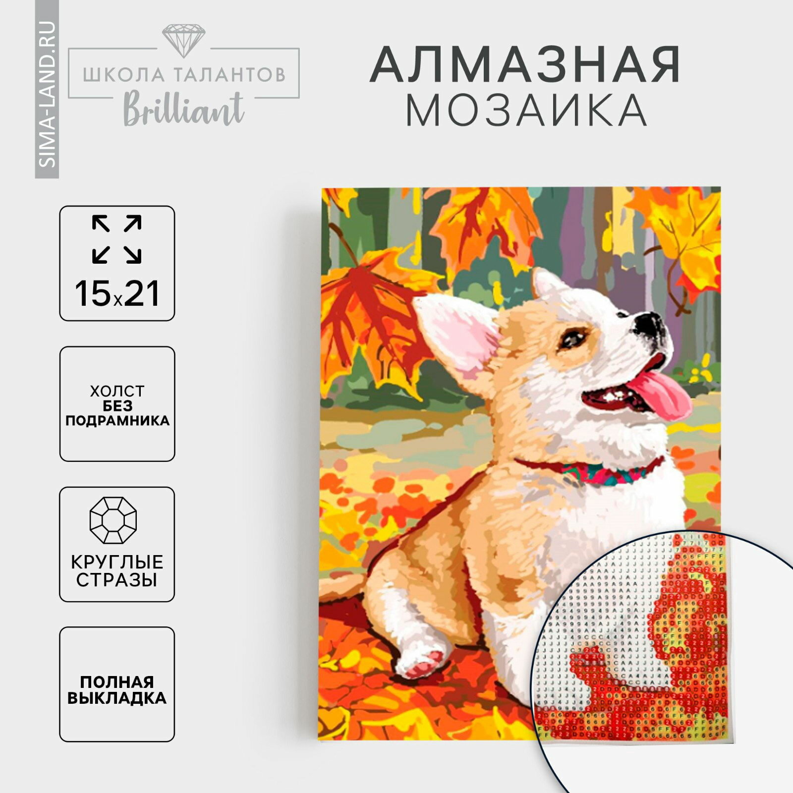 Алмазная мозаика с полным заполнением на холсте "Щенок и осень", 15x21 см