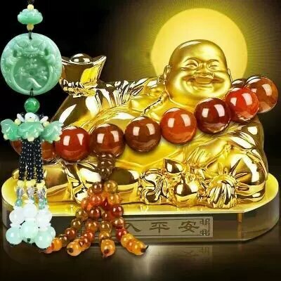 Большой золотой Будда с бусинами дракона и каменным подвесом: декор для авто, фэн-шуйский талисман на панели,