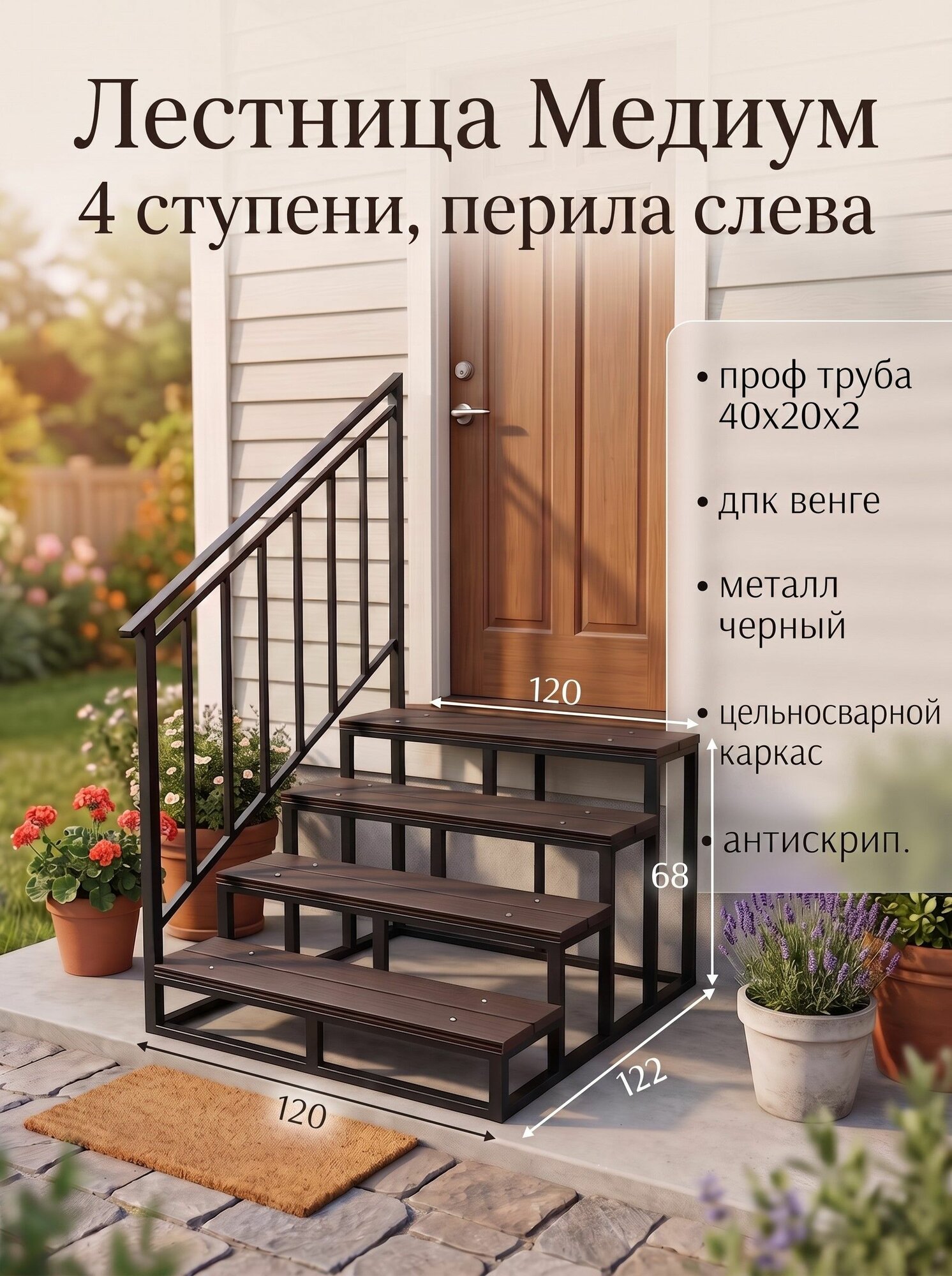 Крыльцо Медиум 4 ступени из ДПК, с перилами слева, ZN, ширина 120 см, готовая, цельносварная