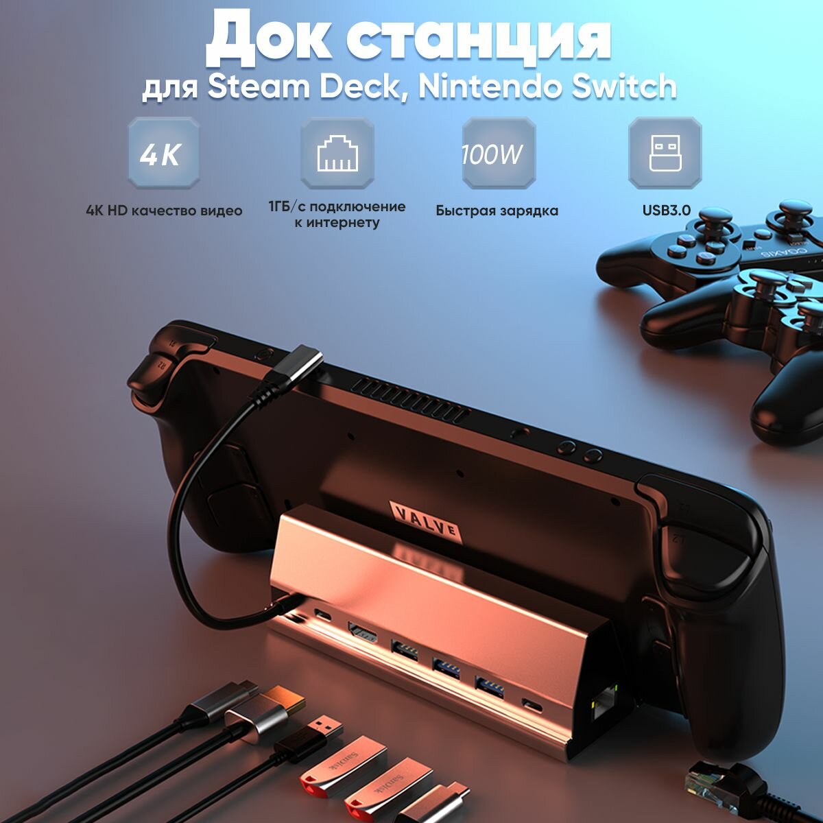 Док станция хаб USB-С 6 в 1 для Steam Deck, Rog Ally