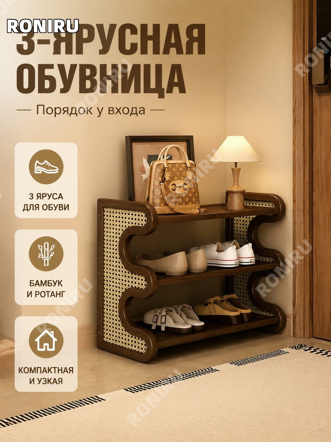 Полка для обуви3 яруса50 см, бамбук, пластик под ротанг и МДФ, цвет орех