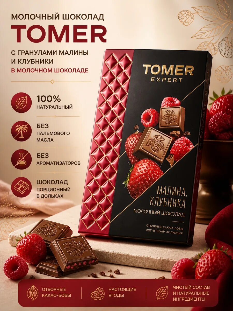 Шоколад молочный "Tomer" малина-клубника,4х90гр