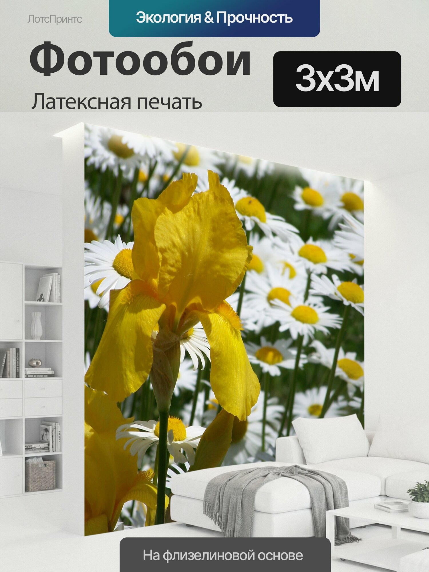Фотообои моющиеся ударопрочные "Ирис и ромашки Желтый ирис и ромашки в фоновом режиме желтый ирис ромашка маргаритки весна цветы" 300x300 см. латексная печать