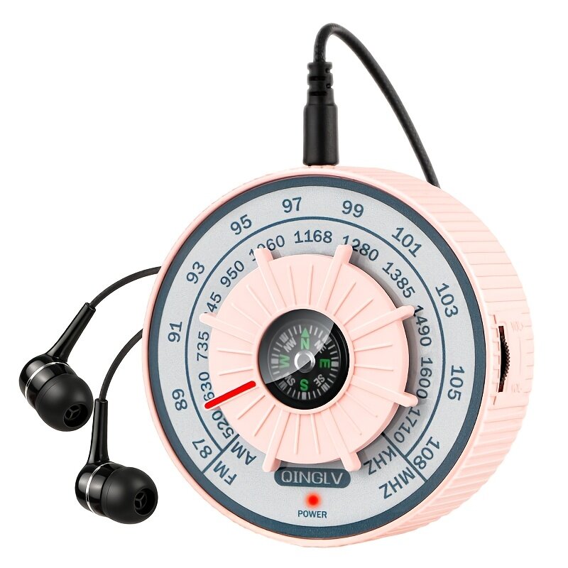 Портативный мини-радиоприёмник AM/FM с встроенным компасом, разъёмом 3,5 мм для наушников и наушниками, розовый цвет — для кемпинга, путешествий и походов