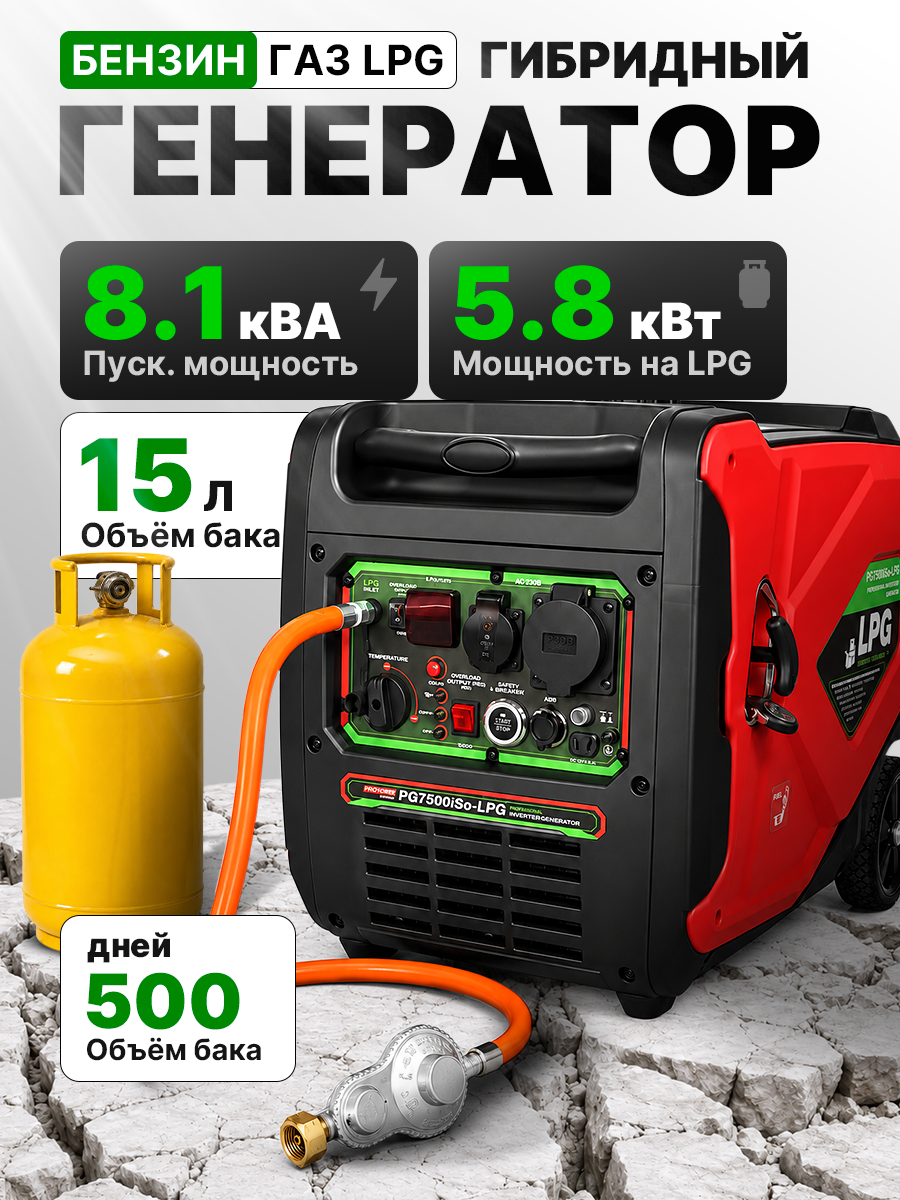 Генератор инверторный гибридный PROKRESS POWER PG7500iSo-LPG, 6,5 кВт, бензин/сжиженный газ, электростарт, пульт