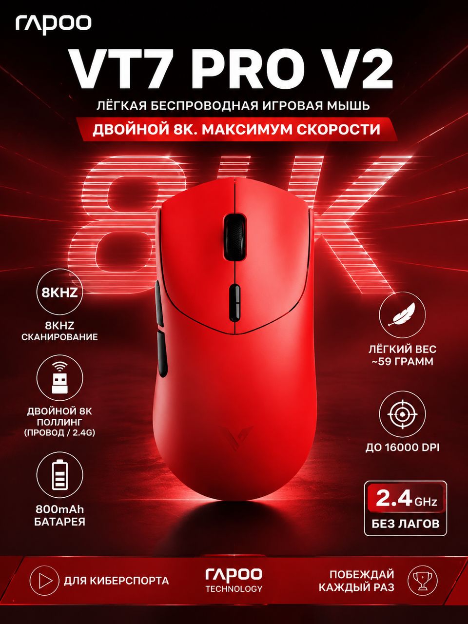 Беспроводная игровая мышь Rapoo VT7 V2 Pro (Pro-версия, Dual 8000Hz, 8K Polling Rate, сенсор PixArt PAW3950/PAW3395, ультралегкая, 2.4G+USB)