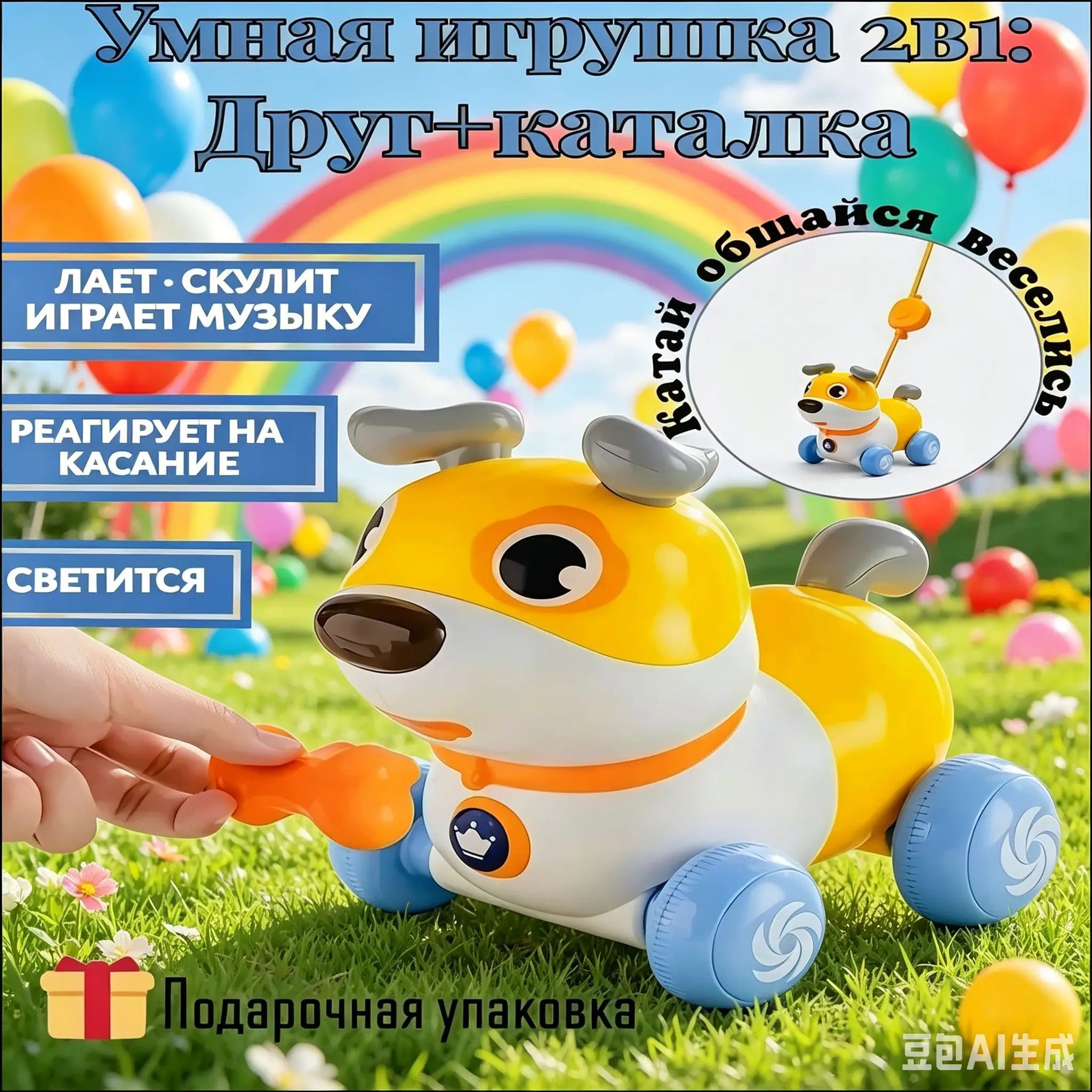 Качественная развивающая игрушка для малышей от года, представлена каталка с ручкой 2в1 в виде интерактивной собачки