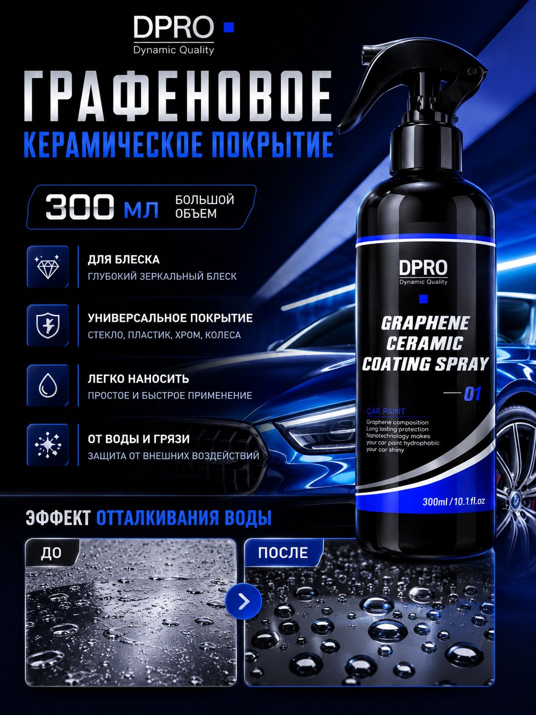Жидкий спрей керамика для авто DPRO SPREY 300 мл - покрытие для защиты кузова и дисков от царапин и агрессивной химии керамическое покрытие жидкая керамика автокосметика