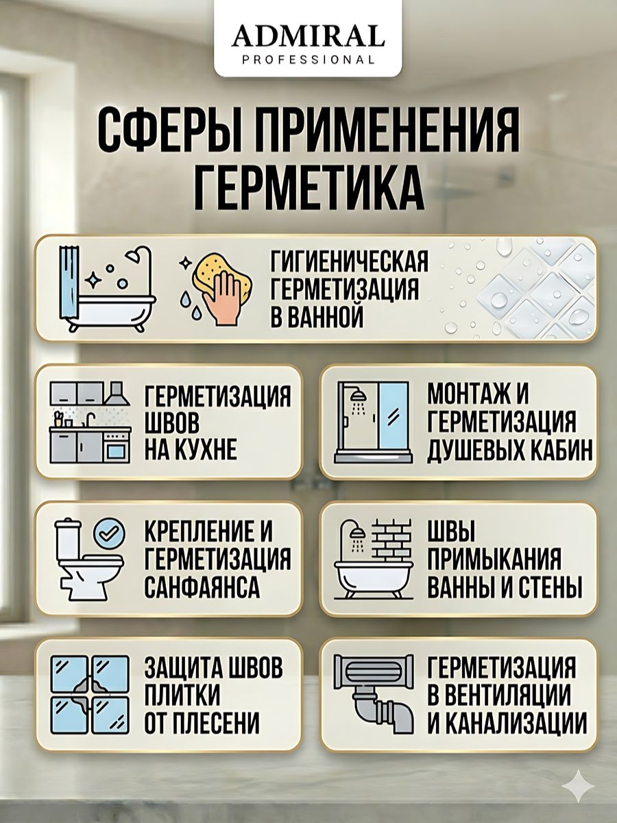 Герметик силиконовый санитарный нейтральный без запаха прозрачный, для ванной и кухни, противогрибковый, влагостойкий 325гр/280мл