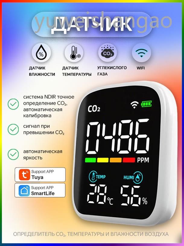 Wi-Fi Детектор углекислого газа, Датчик углекислого газа, Детектор со2, Измеритель со2, Датчик CO2
