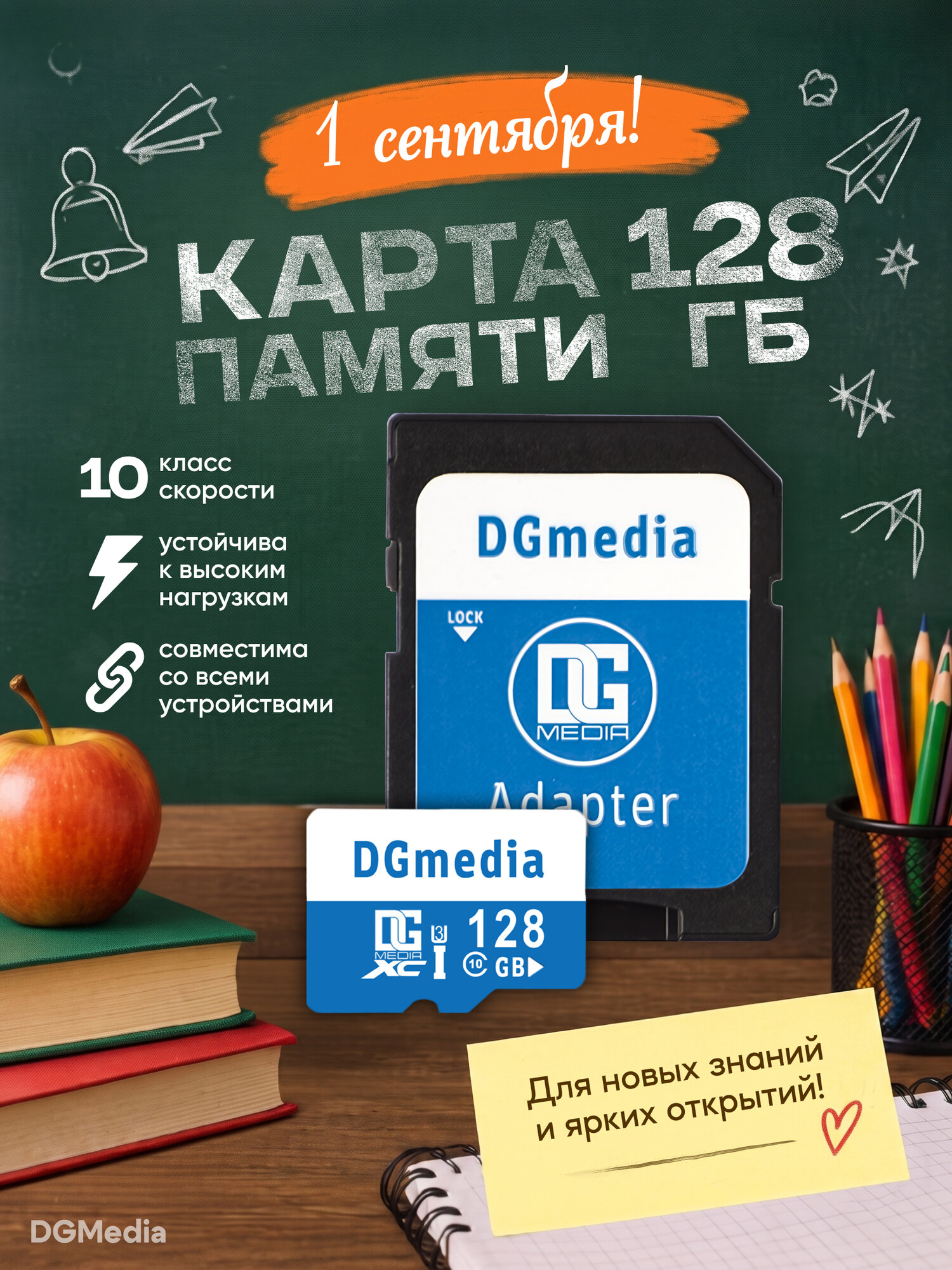 Карта памяти DGMedia micro SDXC, 128 гб Class 10, адаптер на SD