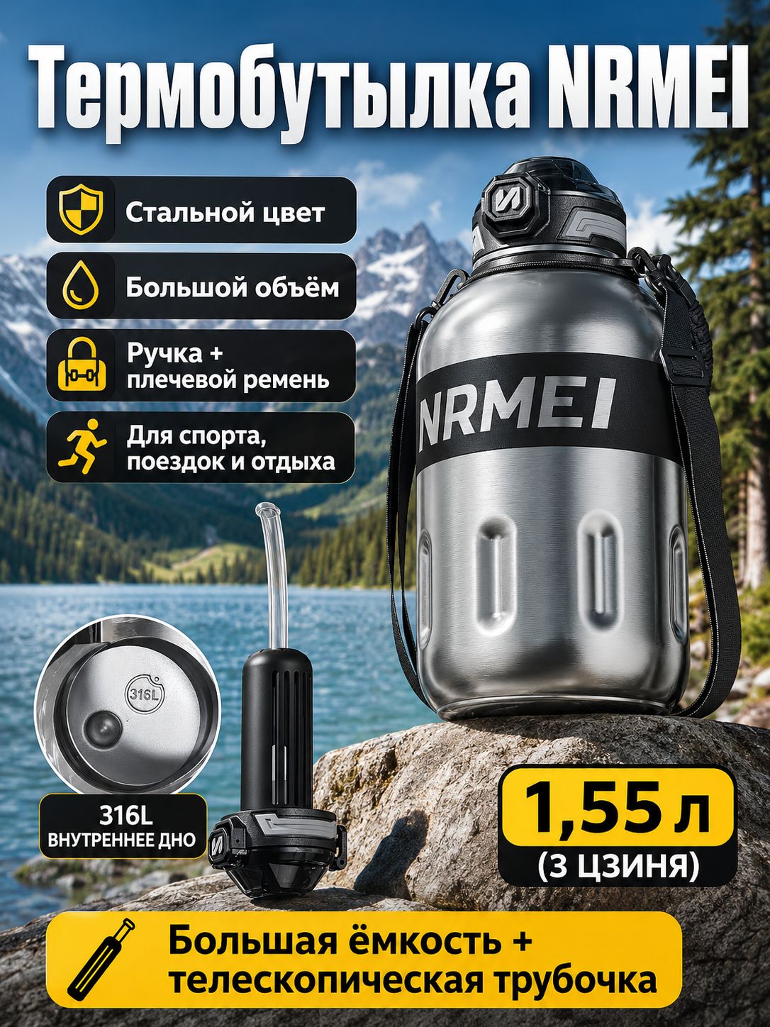 Термобутылка NRMEI серебристая большая около 1,5 л с трубочкой ручкой и плечевым ремнем 316L для спорта поездок и отдыха