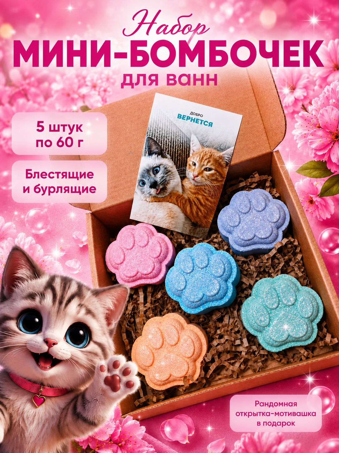 Набор мини-бомбочек для ванн "Лапки" 5 штук