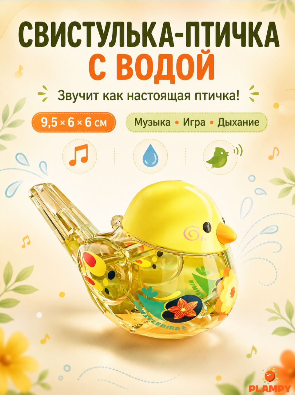 Свистулька с водой птичка, желтая / Птичка игрушка для детей
