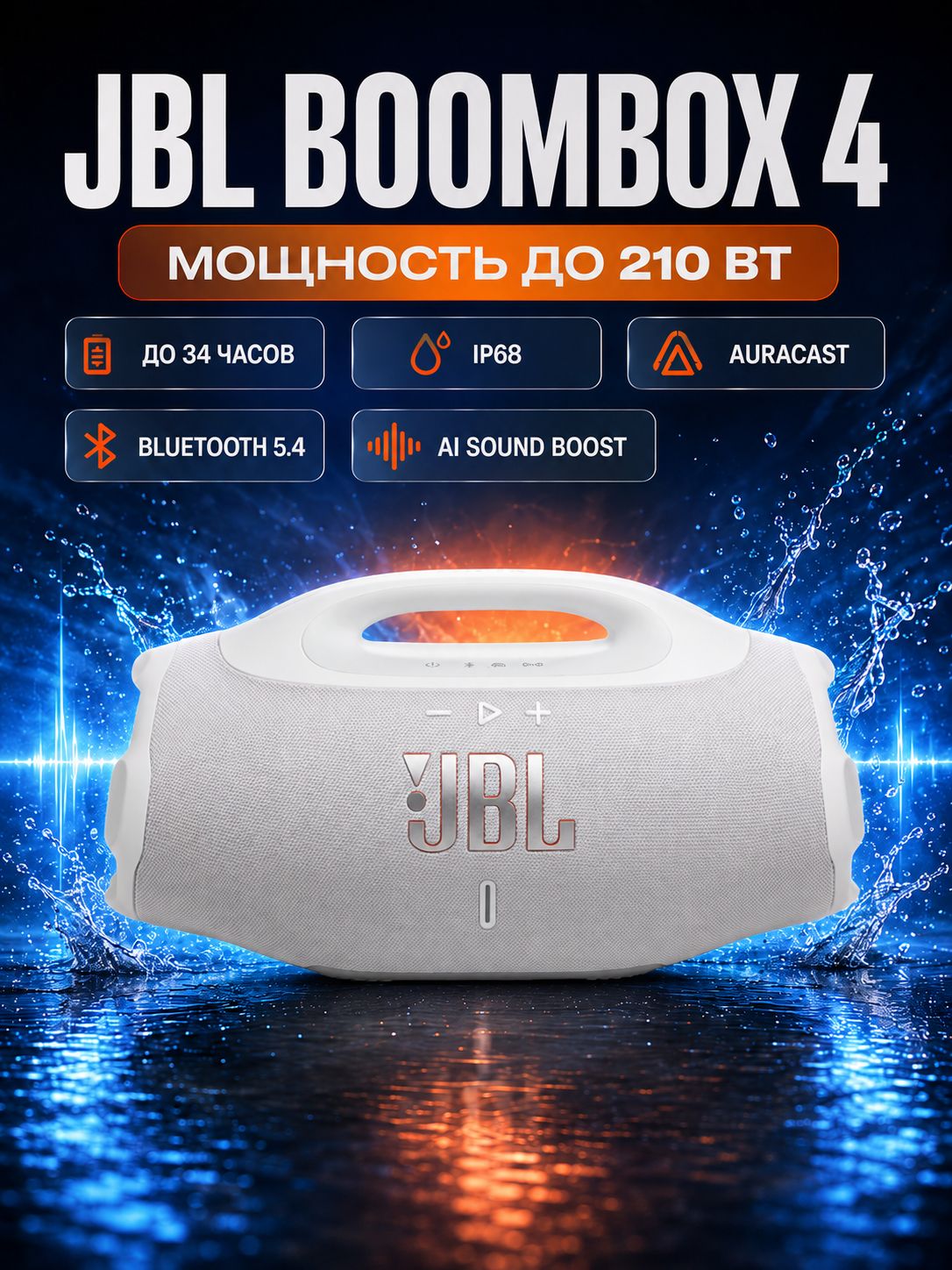 Беспроводная Bluetooth-колонка JBL BOOMBOX4, белый, уличная, портативная, водонепроницаемая